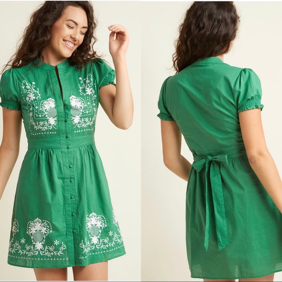 Modcloth | Dresses | Modcloth Green Embroidered Puff Sleeve Dress ...